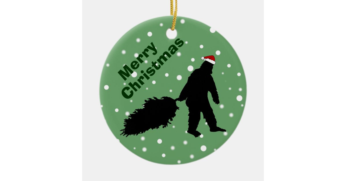 Funny Bigfoot Pulling Christmas Tree Ornament | Zazzle