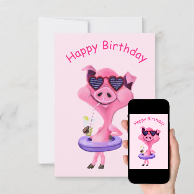 Funny Birthday Card with Happy Party Pig | Zazzle