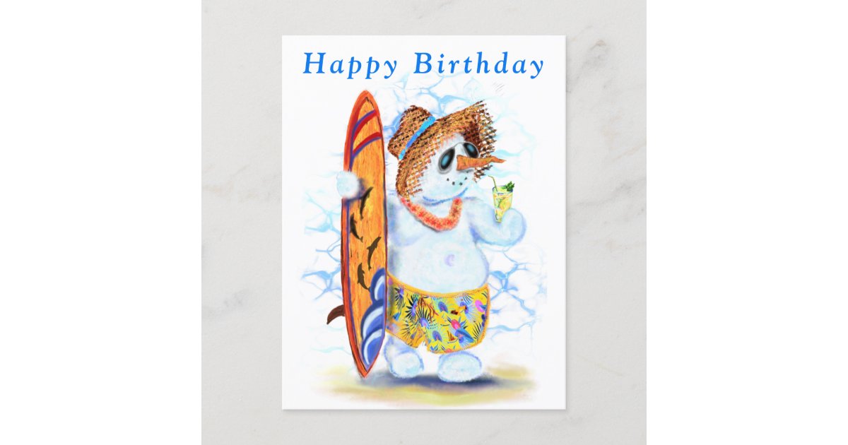 Funny Birthday Card with Snowman Surfer | Zazzle