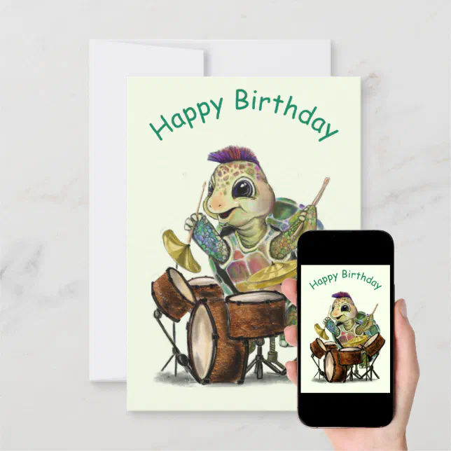 Funny Birthday Card with Turtle Drummer | Zazzle