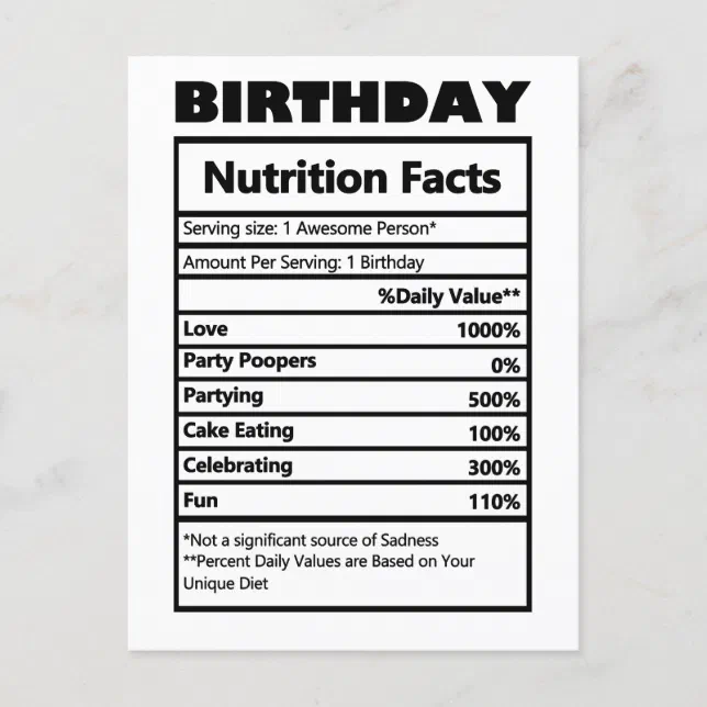 Funny Birthday Nutrition Facts Postcard | Zazzle