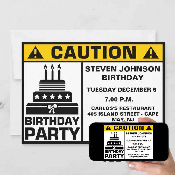 Funny Birthday Party Caution Signboard Invitation | Zazzle
