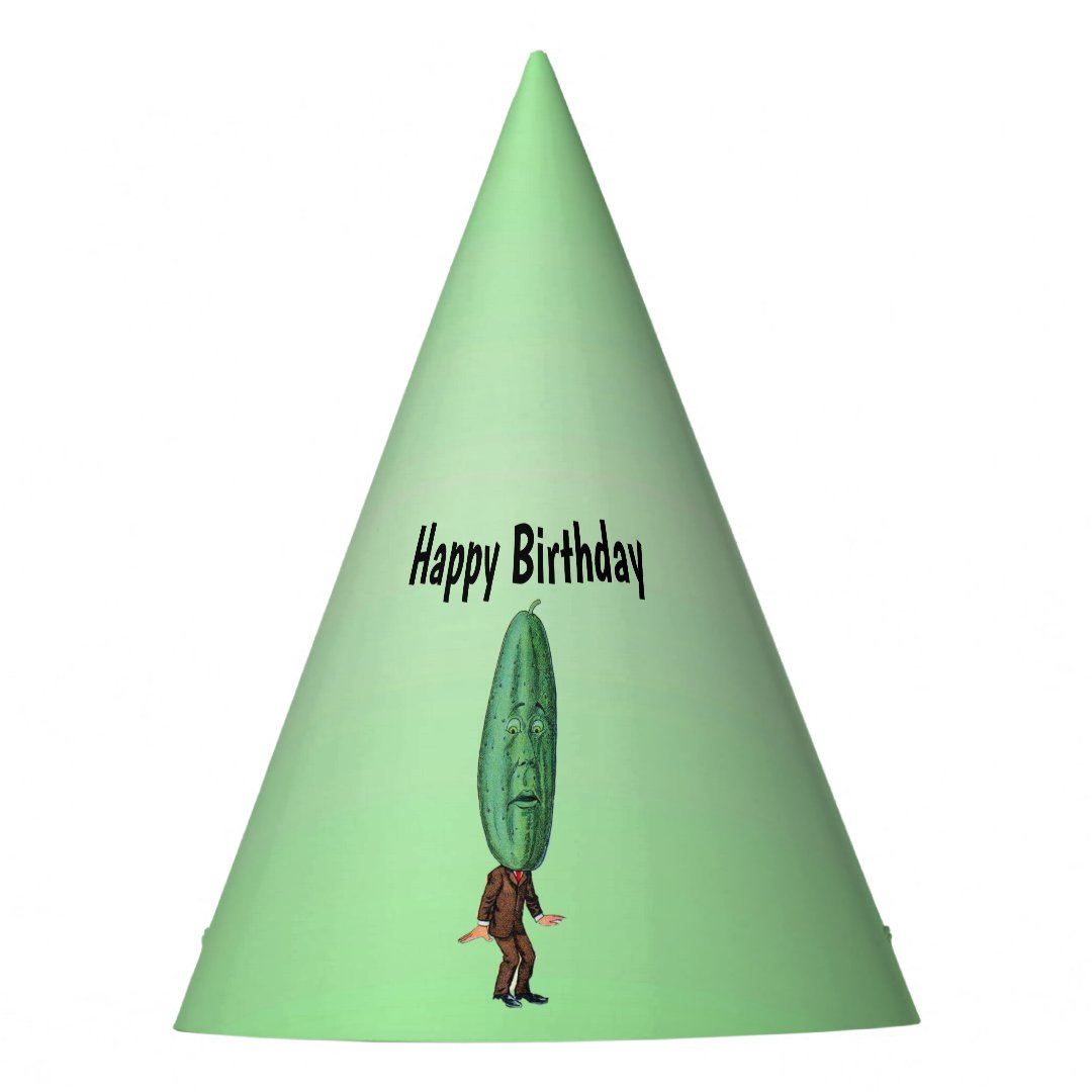 Funny Birthday Pickle Head Man Brown Suit Green Party Hat | Zazzle