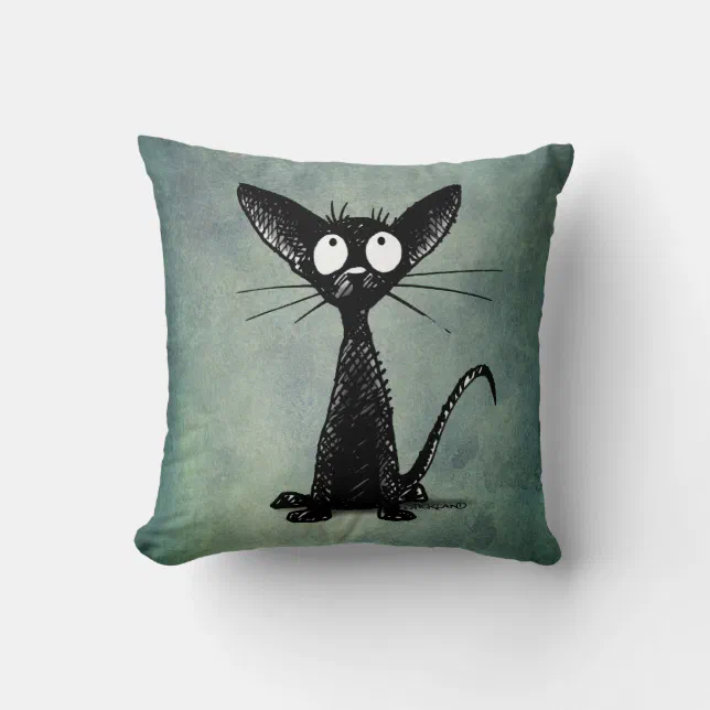 Funny Black Cat Art on a Vintage Blue Green Throw Pillow | Zazzle