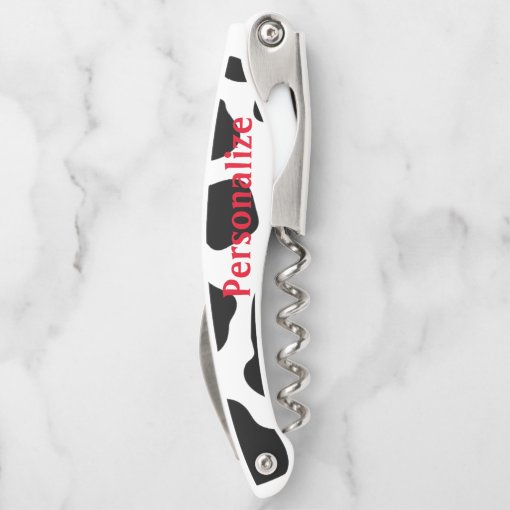 Funny black white cow spots corkscrew opener gift | Zazzle