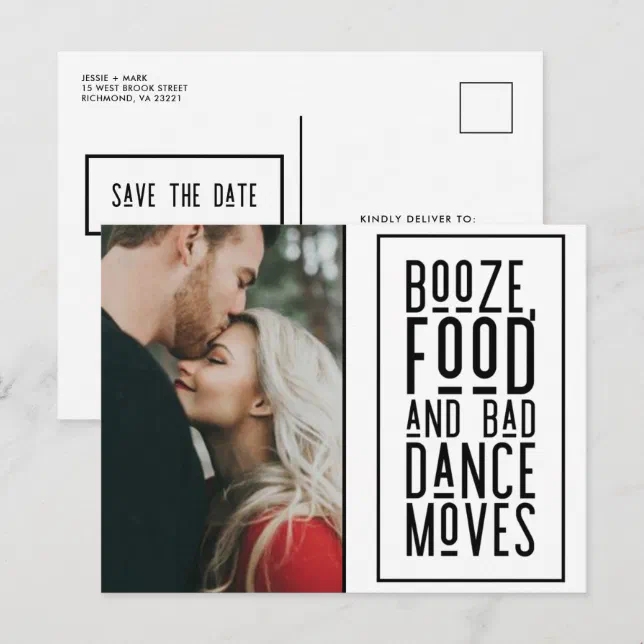 Funny Booze, Food, Bad Dance Moves Photo Save Date Announcement ...