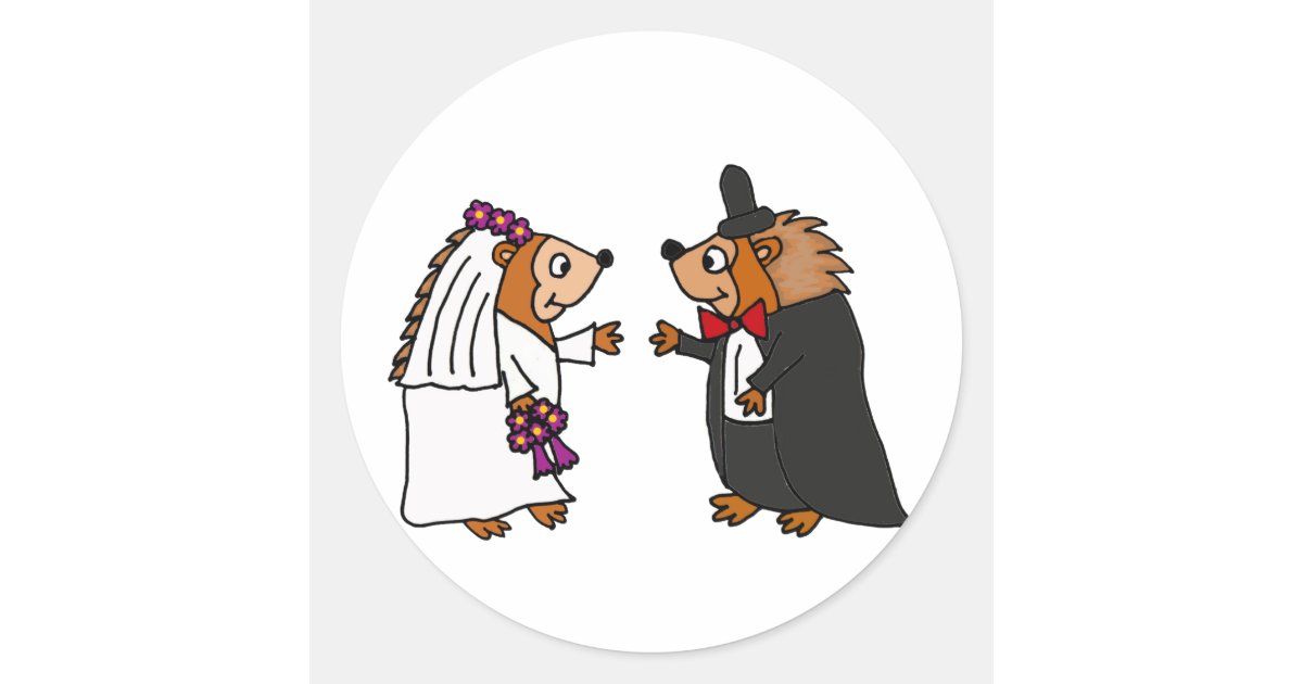 Funny Bride and Groom Hedgehog Wedding Art Classic Round Sticker | Zazzle