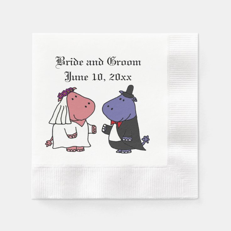 Funny Bride and Groom Hippo Wedding Cartoon Paper Napkins | Zazzle