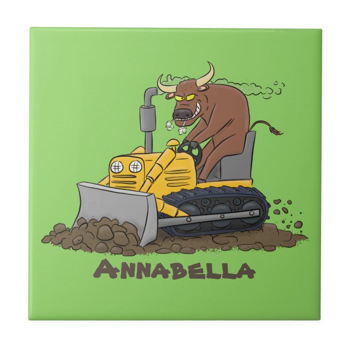 Funny bull driving bulldozer cartoon ceramic tile | Zazzle.com