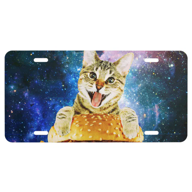 Funny burger cat space license plate | Zazzle