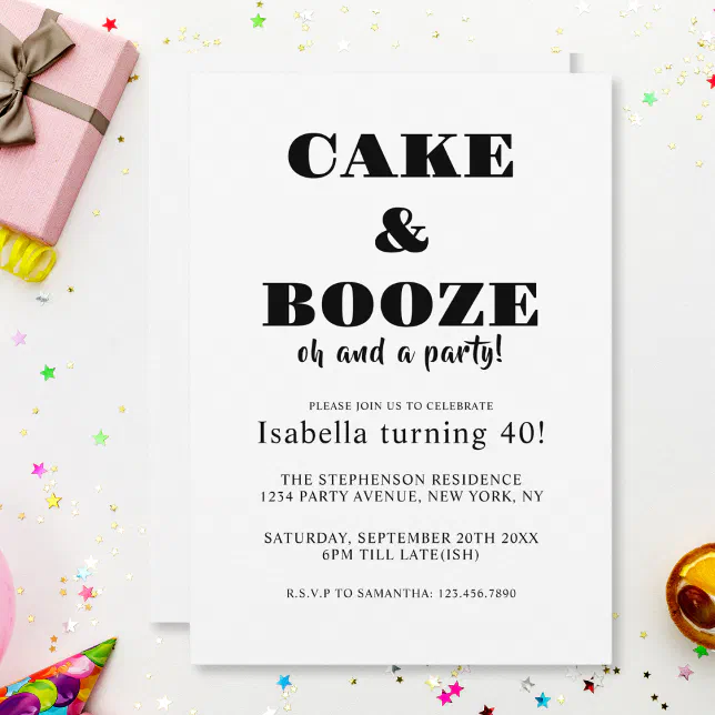 Funny Cake & Booze Birthday Party Black and White Invitation | Zazzle