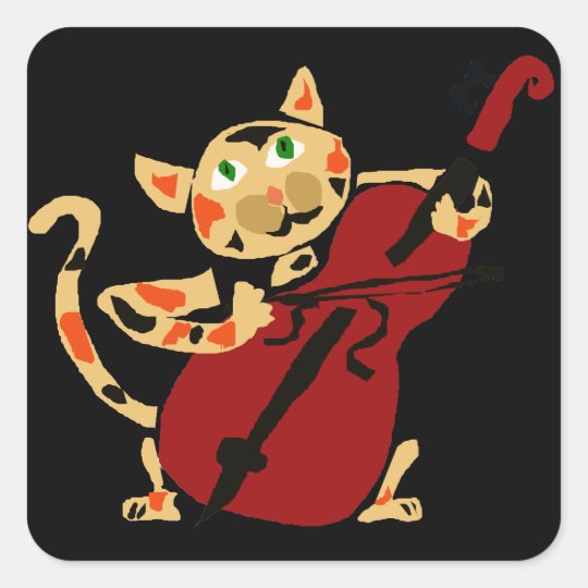 Funny Calico Cat Playing Cello Art Cartoon Square Sticker | Zazzle.com