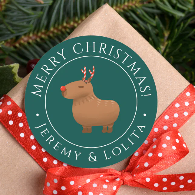Funny Capybara Reindeer Christmas Classic Round Sticker | Zazzle