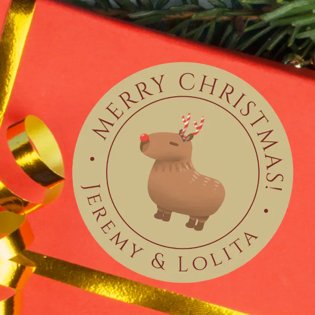 Funny Capybara Reindeer Christmas Gold Classic Round Sticker | Zazzle