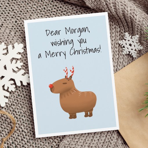 Funny Capybara Reindeer Personalized Christmas Card | Zazzle