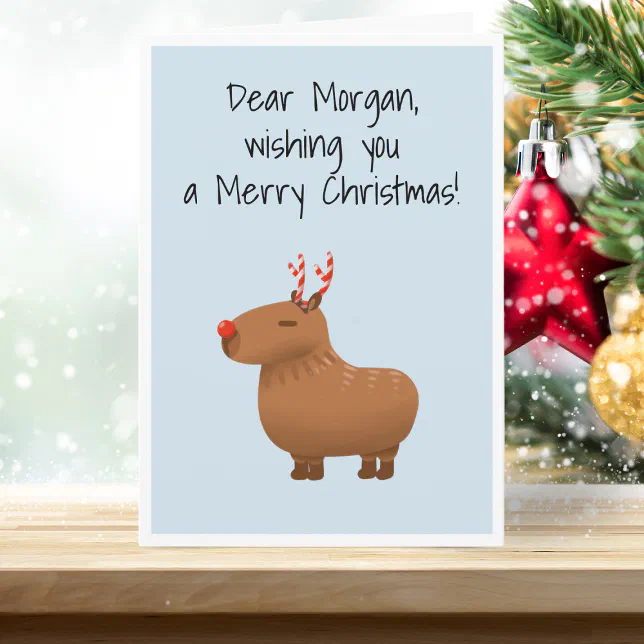 Funny Capybara Reindeer Personalized Christmas Card | Zazzle