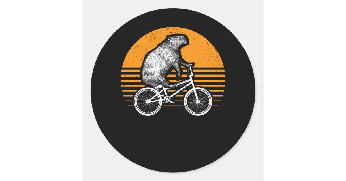 Funny Capybara Riding Bike Retro Capibara Bicycle Classic Round Sticker ...