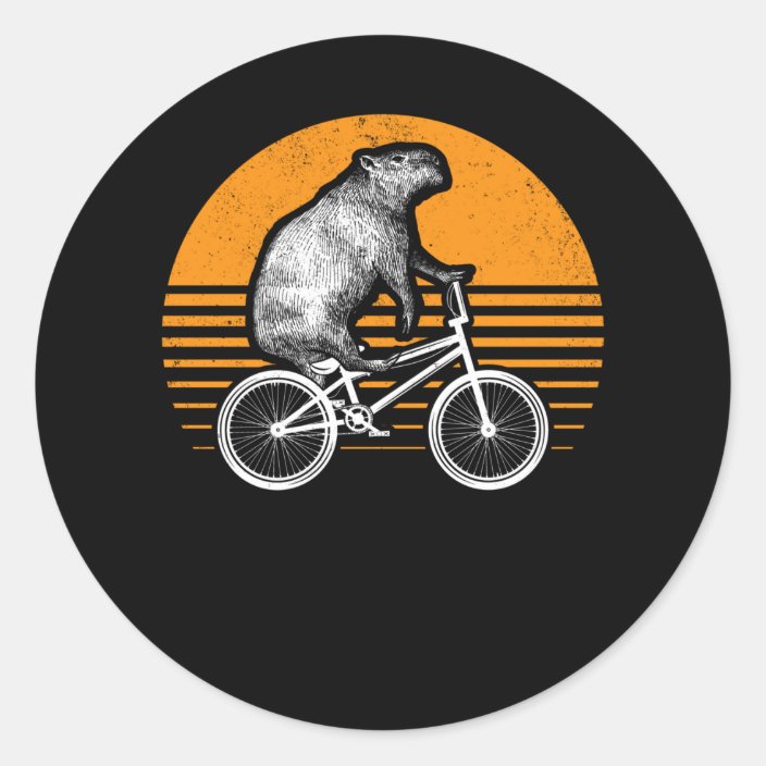 Funny Capybara Riding Bike Retro Capibara Bicycle Classic Round Sticker ...