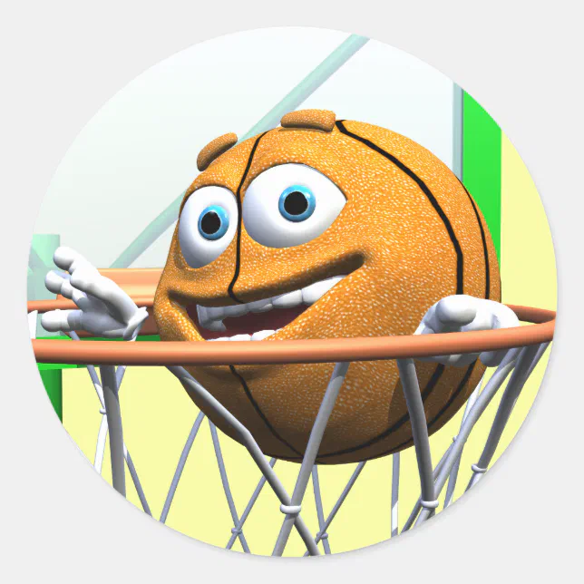 Funny Cartoon Basketball in a Hoop Classic Round Sticker | Zazzle