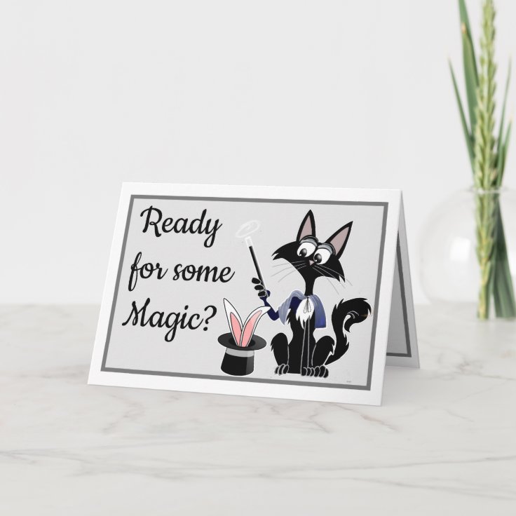 Funny cartoon cat magic trick rabbit birthday invitation | Zazzle