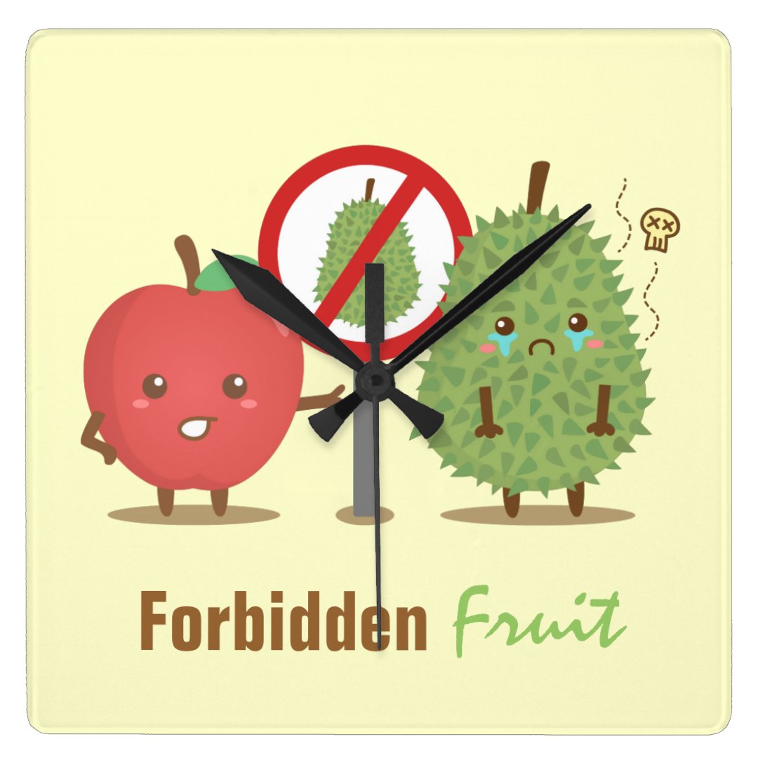 Funny Cartoon, Forbidden Fruit, Apple and Durian Square Wall Clock | Zazzle