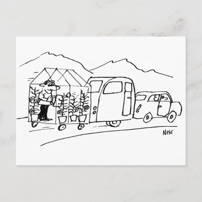 Funny Cartoon of Car Towing Caravan and Greenhouse Postcard | Zazzle
