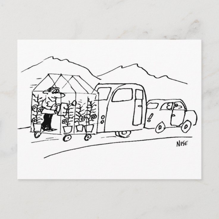 Funny Cartoon of Car Towing Caravan and Greenhouse Postcard | Zazzle