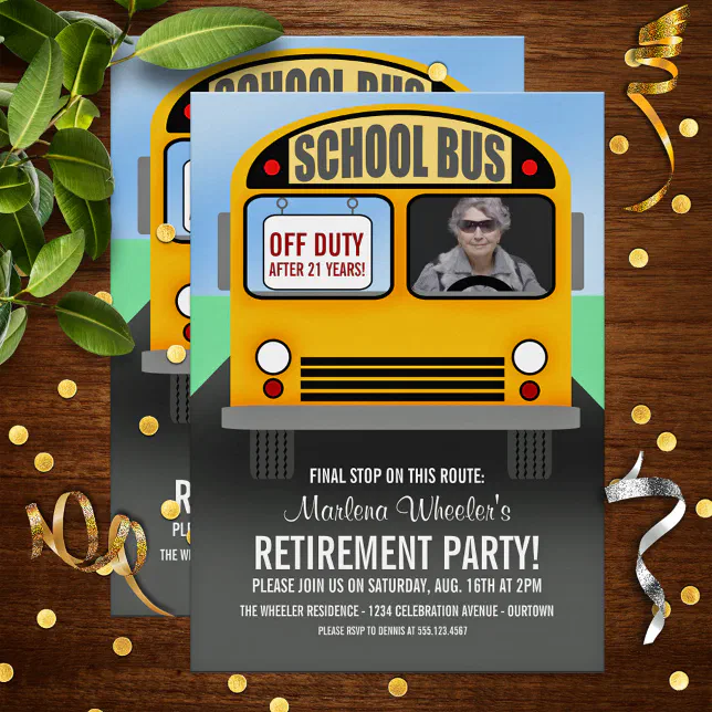 Funny Cartoon School Bus Driver Retirement Party Invitation | Zazzle
