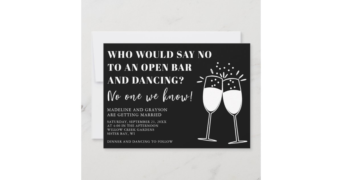 Funny Casual Open Bar Dancing Wedding Invitation | Zazzle