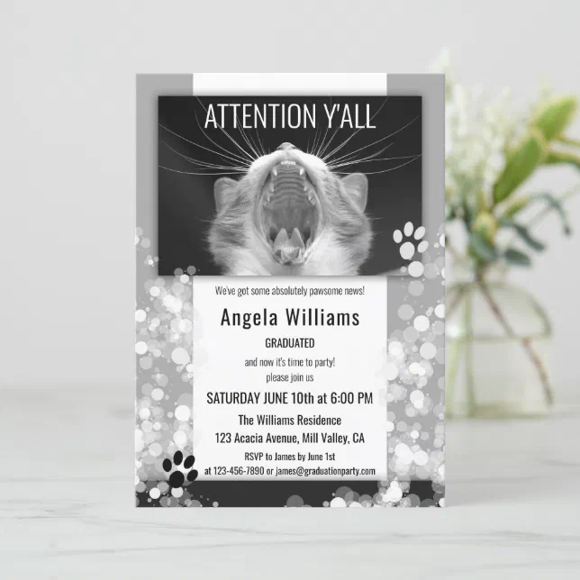 Funny Cat Black and White Graduation Party Invitation | Zazzle