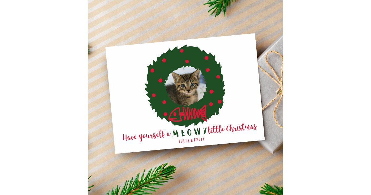 Funny Cat Christmas Wreath With Your Kitten Photo Holiday Card | Zazzle