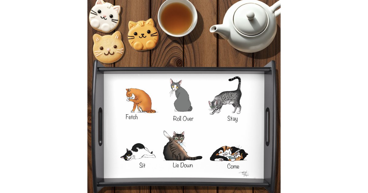 Funny Cat Commands Illustrated Training Chart Serving Tray | Zazzle
