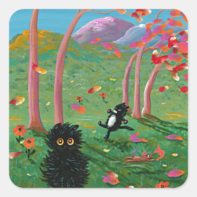 Funny Cat Fall Leaves Cartoon Creationarts Square Sticker | Zazzle