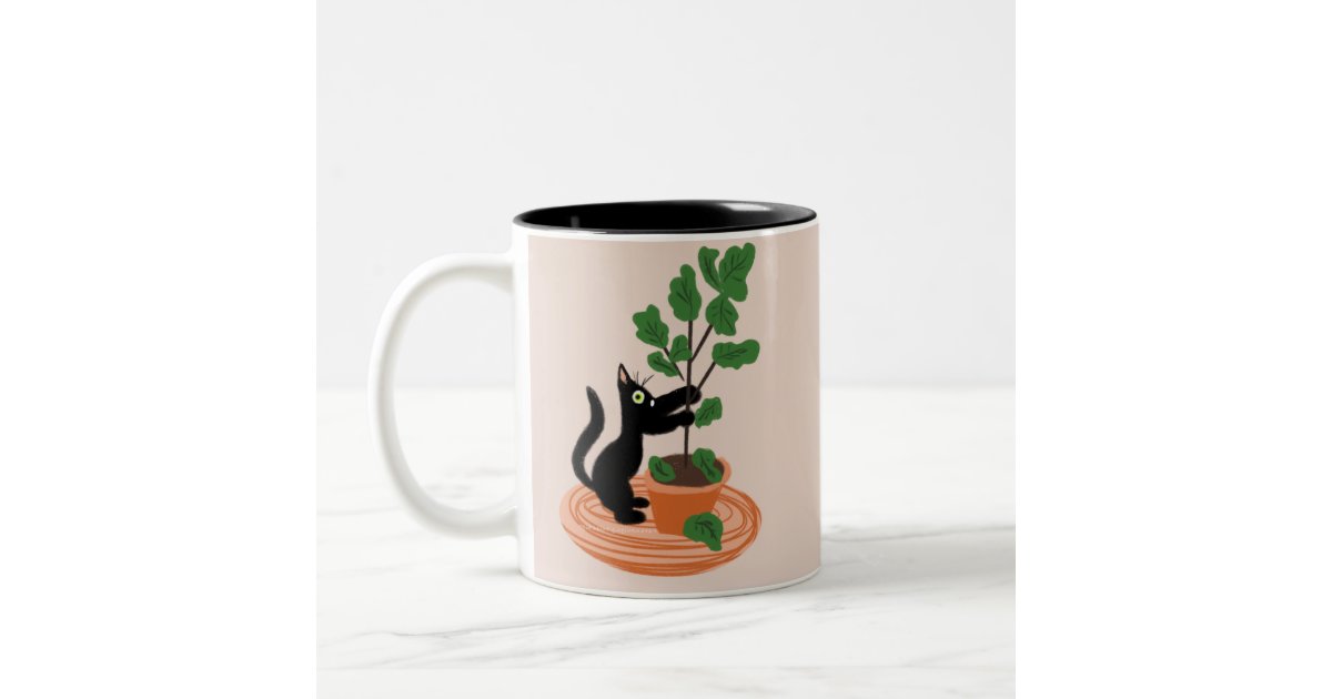 Funny Cat Fig Tree Potted Plants Hand Drawn Two-Tone Coffee Mug | Zazzle