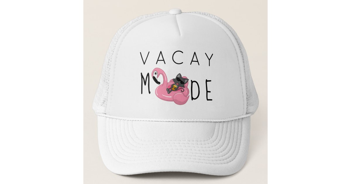 Funny Cat Flamingo Vacay Mode Vacation Trucker Hat | Zazzle