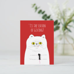 Funny Cat Gifting a Mouse Christmas Postcard | Zazzle