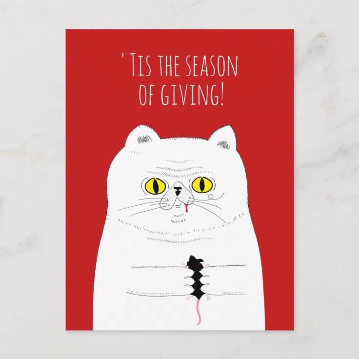 Funny Cat Gifting a Mouse Christmas Postcard | Zazzle