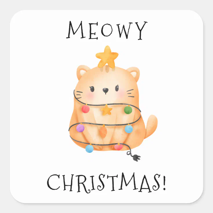 Funny Cat Meowy Christmas Tree Lights Watercolor Square Sticker | Zazzle