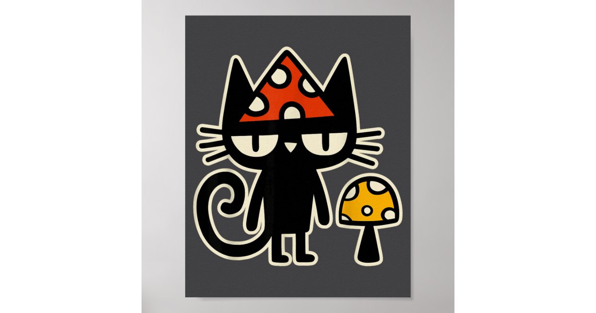 Funny Cat With Mushroom Hat Black Cat With Toadsto Poster | Zazzle
