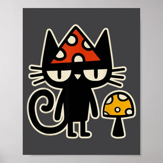 Funny Cat With Mushroom Hat Black Cat With Toadsto Poster | Zazzle