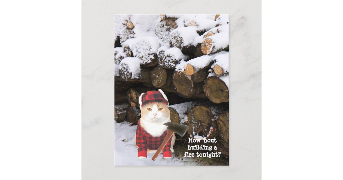 Funny Cat Woodcutter Postcard | Zazzle