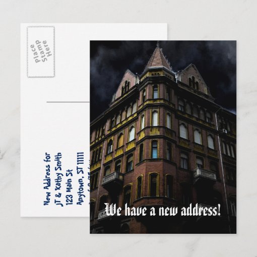 Funny change of address with haunted house announcement postcard | Zazzle