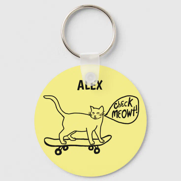 Funny Check MEOWT Skateboarding Cat CUSTOM Keychain | Zazzle