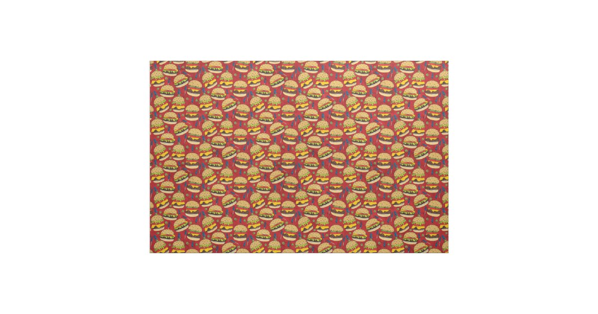 Funny Cheeseburger on Red Food Pattern Fabric | Zazzle
