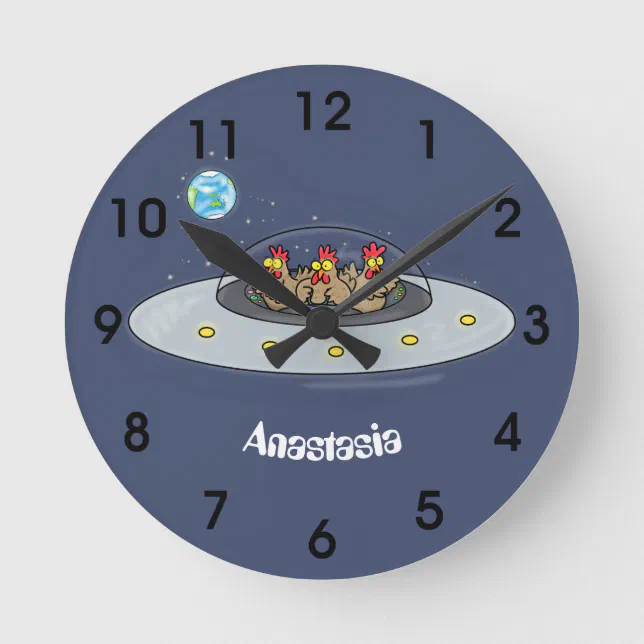 Funny chickens in space cartoon illustration round clock | Zazzle