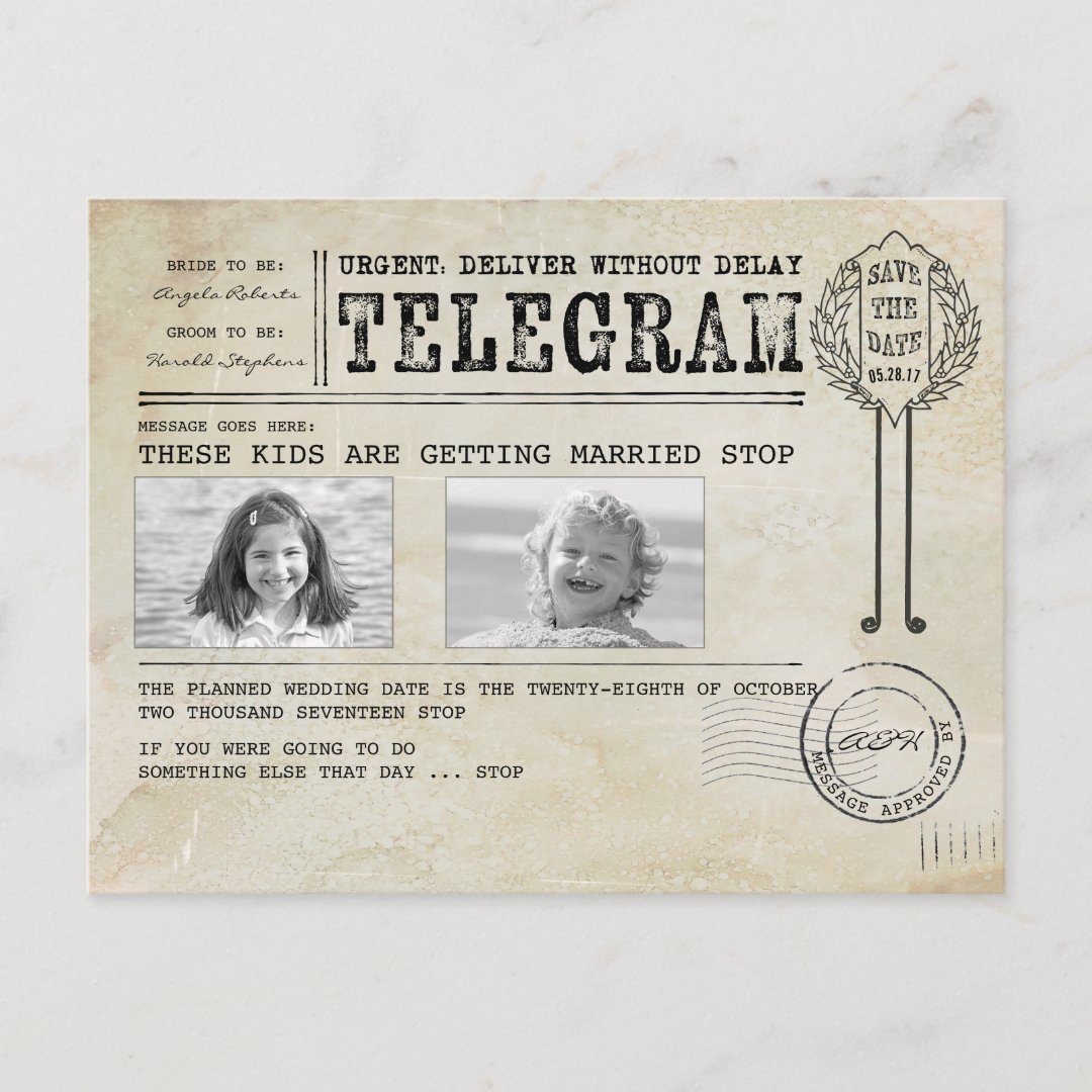 Funny Childhood Photos | Save the Date Telegram Announcement Postcard ...