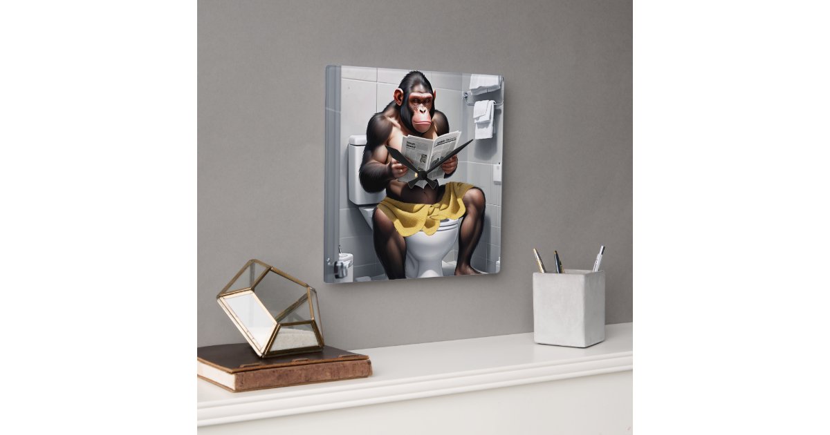 Funny Chimp On A Toilet Clock, Square Wall Clock | Zazzle