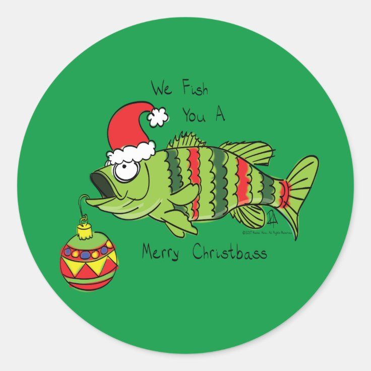 Funny Christmas Bass Fishing Fish Cute Cartoon Classic Round Sticker ...