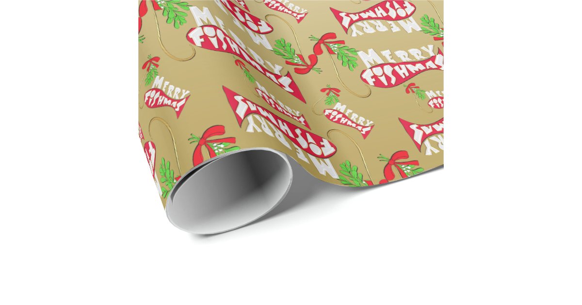 ♫♥ Funny Christmas Fishing Merry Fishmas Gold Wrapping Paper | Zazzle