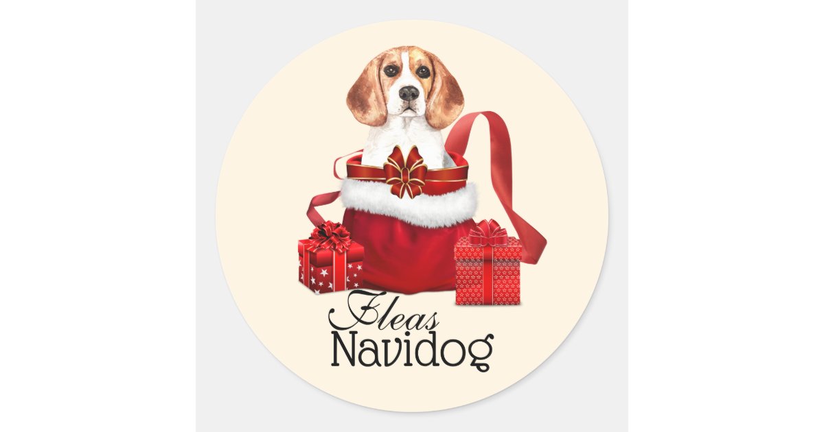 Funny Christmas holiday beagle dog fleas navidog Classic Round Sticker ...